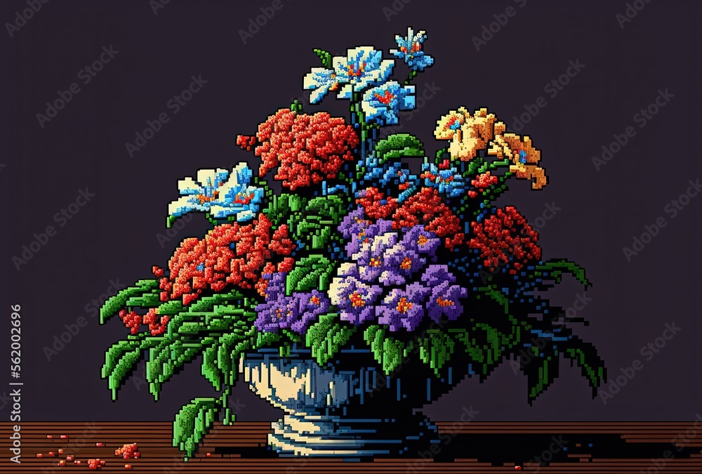 Pixel art flowers and plants, background in retro and 8bit style ...