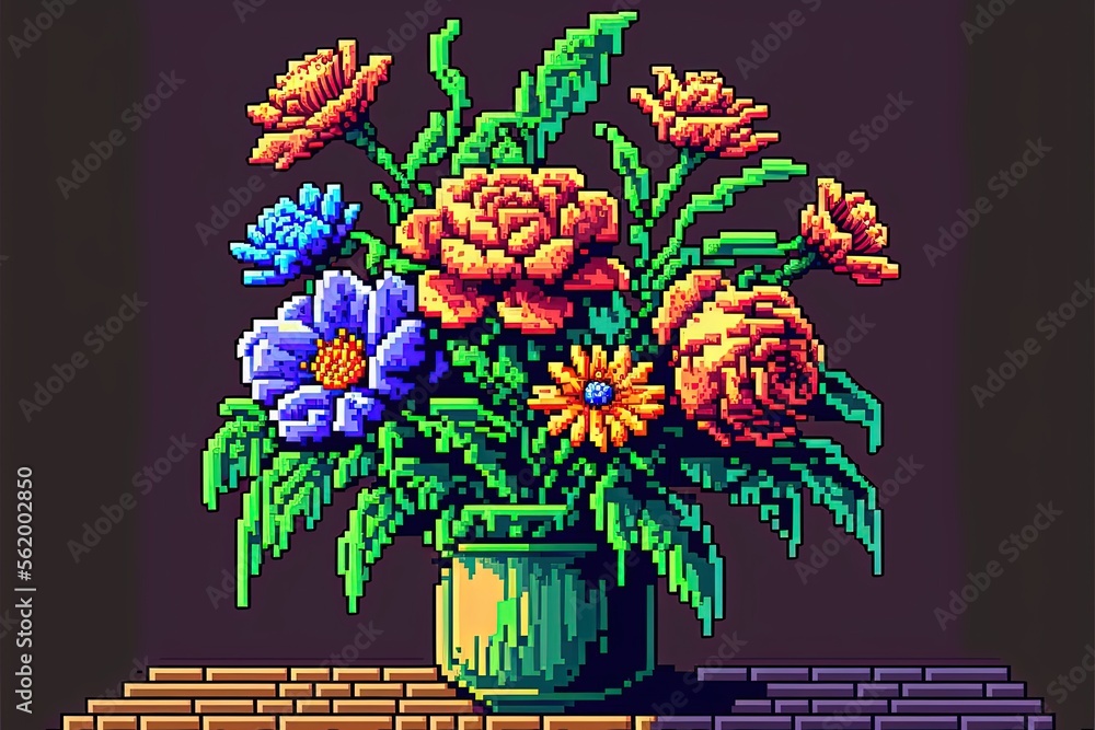 Pixel art flowers and plants, background in retro and 8bit style ...