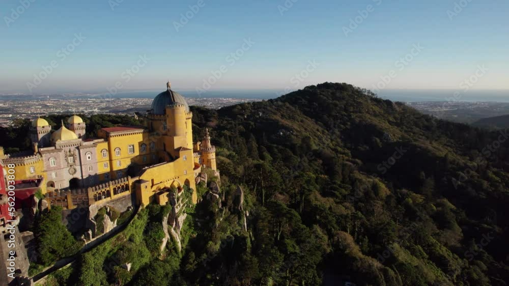 Stockvideon Aerial revealing shot of historic Pena Palace castle ...