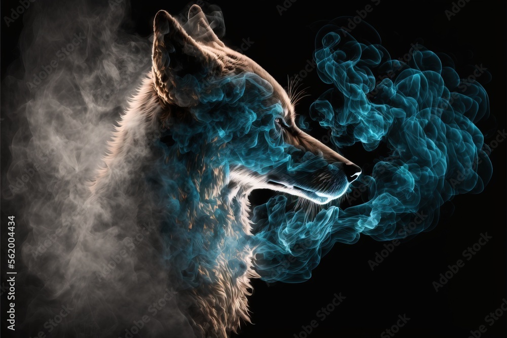 a wolf with blue smoke coming out of its mouth on a black background ...