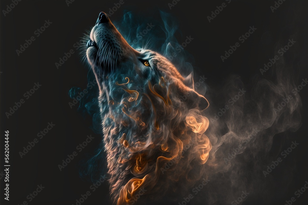 a wolf with a lot of smoke coming out of its mouth and eyes, on a black ...