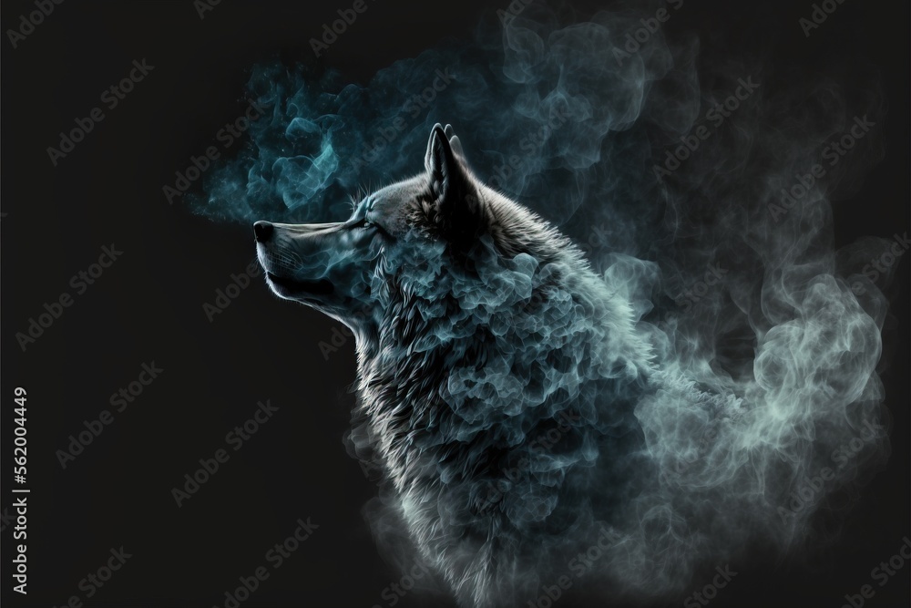 a wolf with a black background and smoke coming out of its mouth and ...