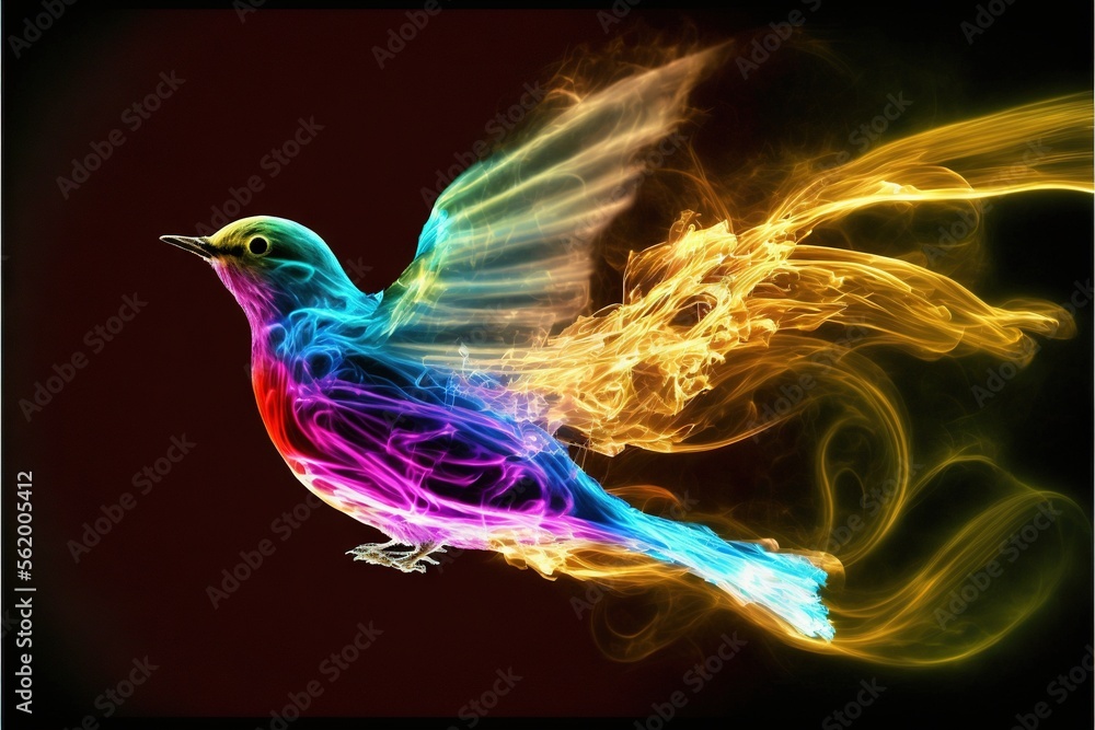 a colorful bird flying through the air with a black background behind ...