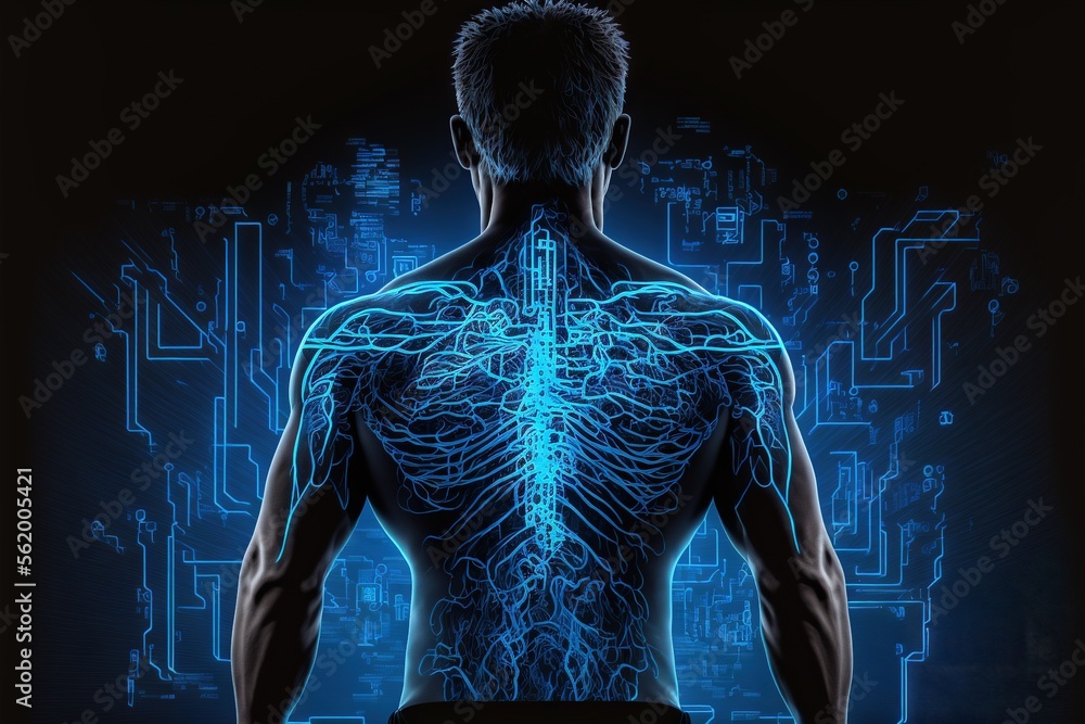 a man with a blue brain scan in his back and a black background with ...