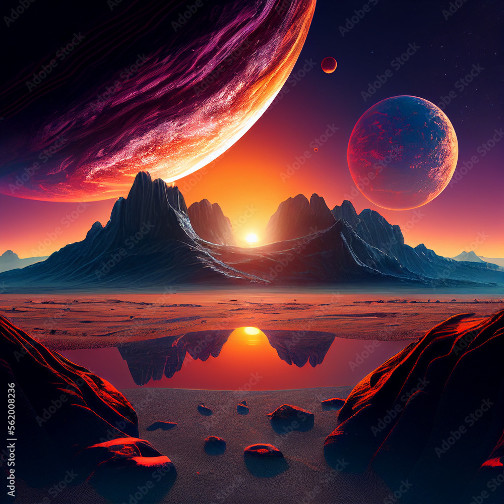 beautiful alien landscape with planets in the liquid sky on the ground ...