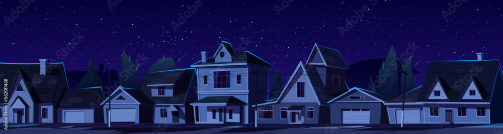 Suburban town street with dark houses at night. Vector cartoon ...