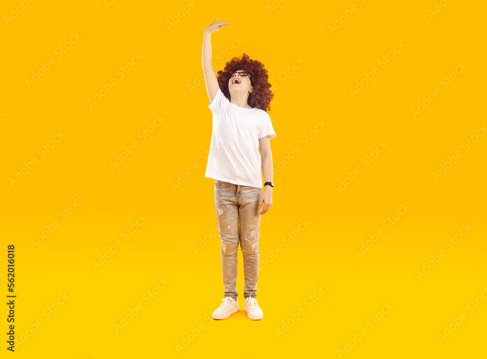 Little boy wishes he were taller. Happy kid raises his hand to show how ...