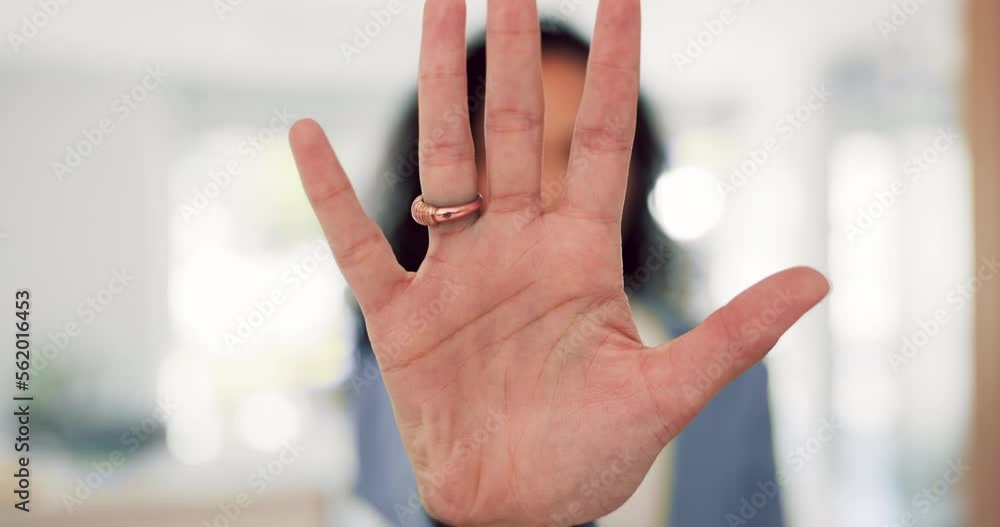 Business woman and face with stop hand for assertive and serious ...
