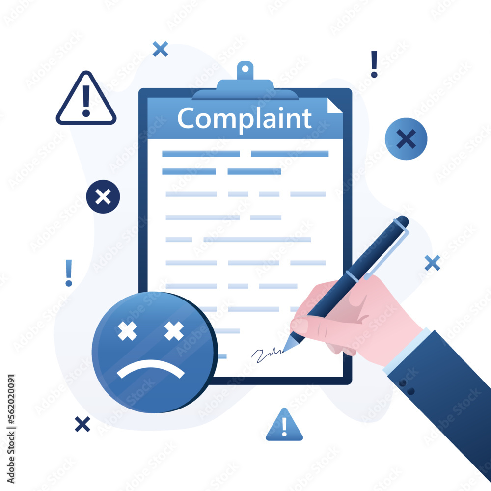 Human hand uses pen and signing complaint document. Bad review from ...