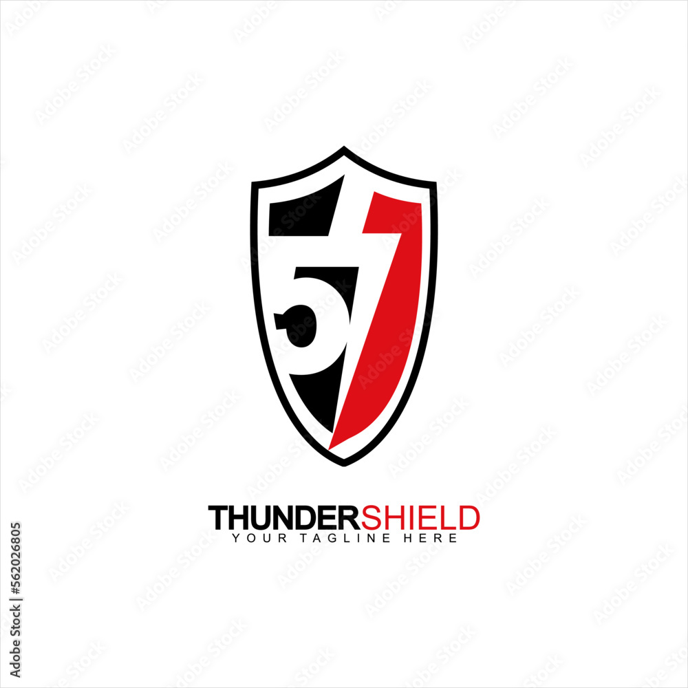 Shield vector logo design with number 577 and thunderbolt symbol ...
