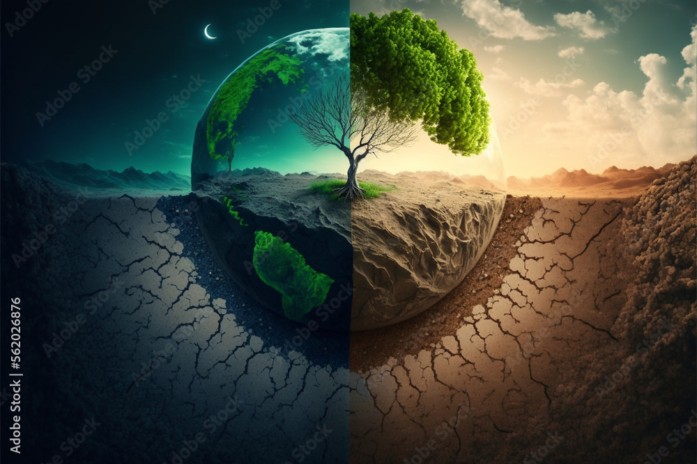 Cracked Earth VS Green Earth Concept. Global Warning, Climate Change ...