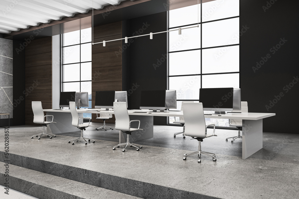 Contemporary meeting room interior with furniture, stairs and window ...