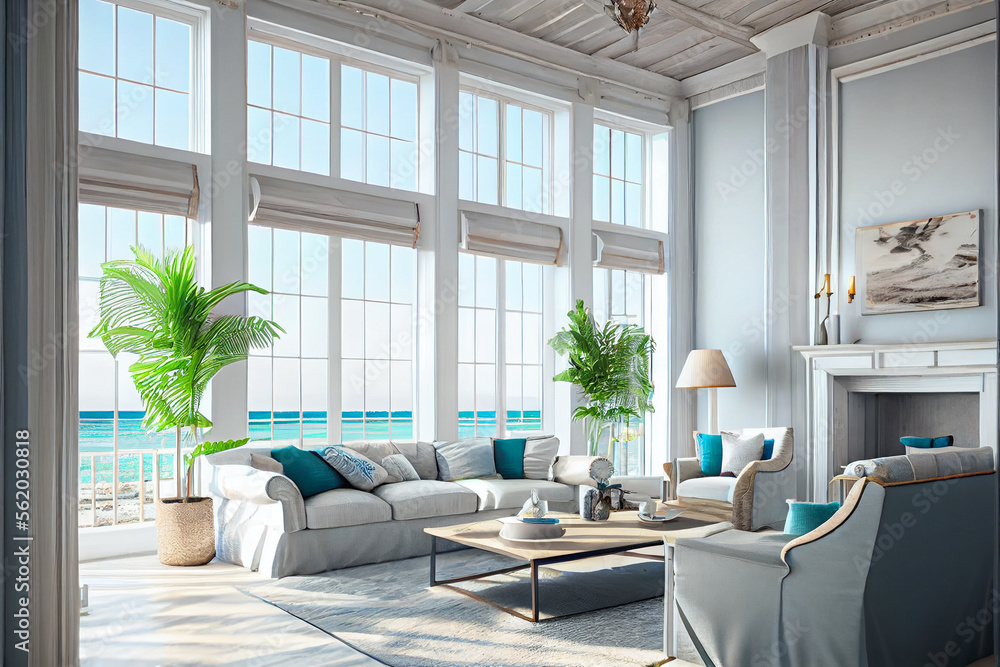 Large living room with a sea view in a lavish summer beach home, modern ...