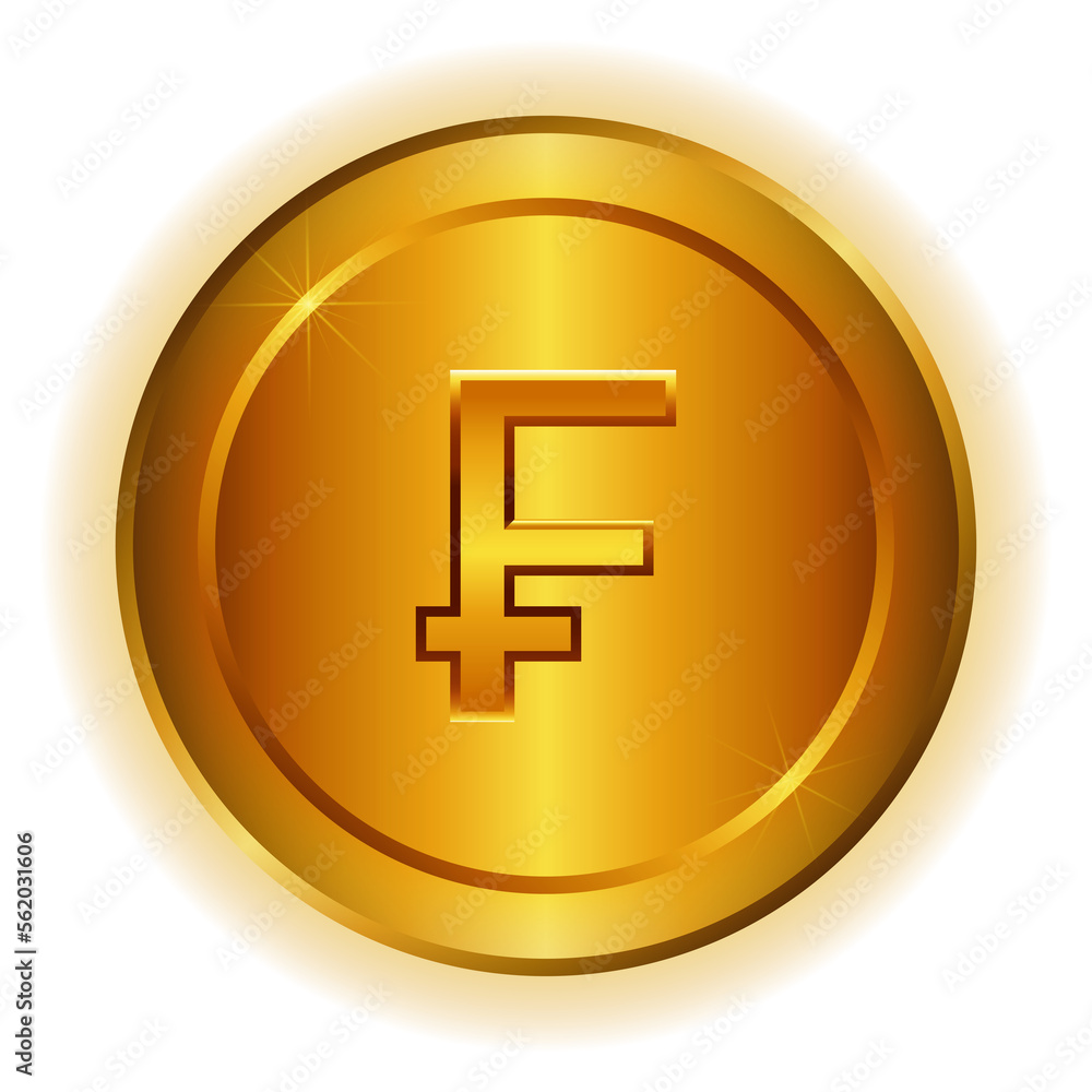 The franc currency symbol. A single gold coin is isolated on a ...