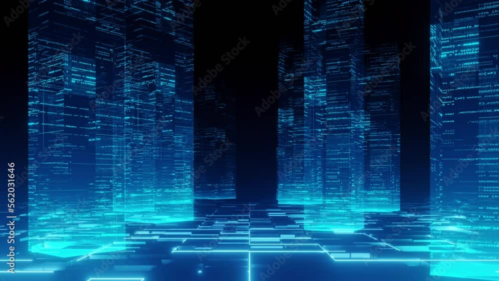 Big data server futuristic flow code in cyber space room, camera fly through animation, blue ...