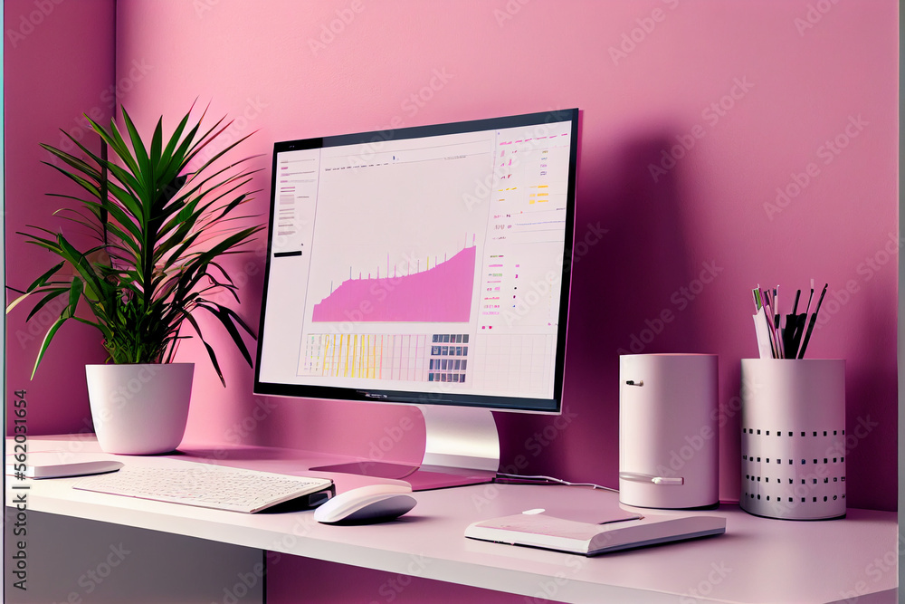 Background image of minimal home office setup with computer screen and planning charts against ...