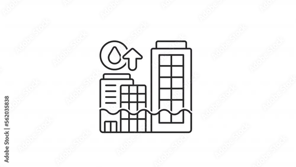 Animated rising seas linear icon. Climate change effect. City flood ...