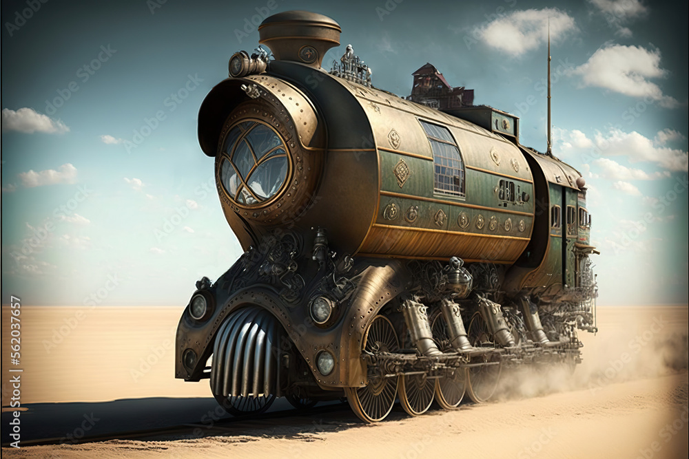 steampunk train in the desert, Generative AI Stock Illustration | Adobe ...