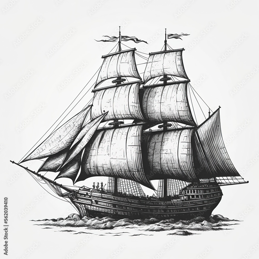 Antique ship. Ship sailing yacht boat antique, vintage, black ink hand ...