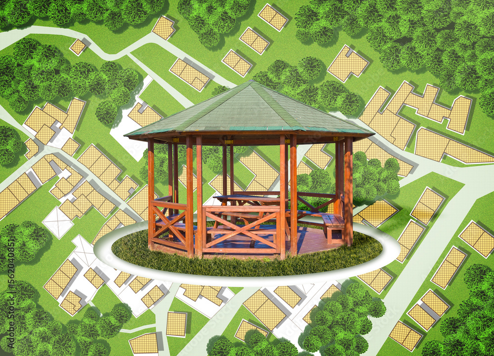 Wooden gazebos with picnic table and wooden bench in a garden - concept ...