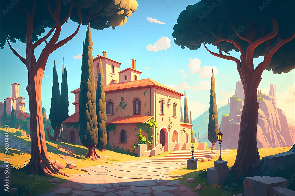 ภาพประกอบสต็อก Fantasy landscape background illustration. Italian ...