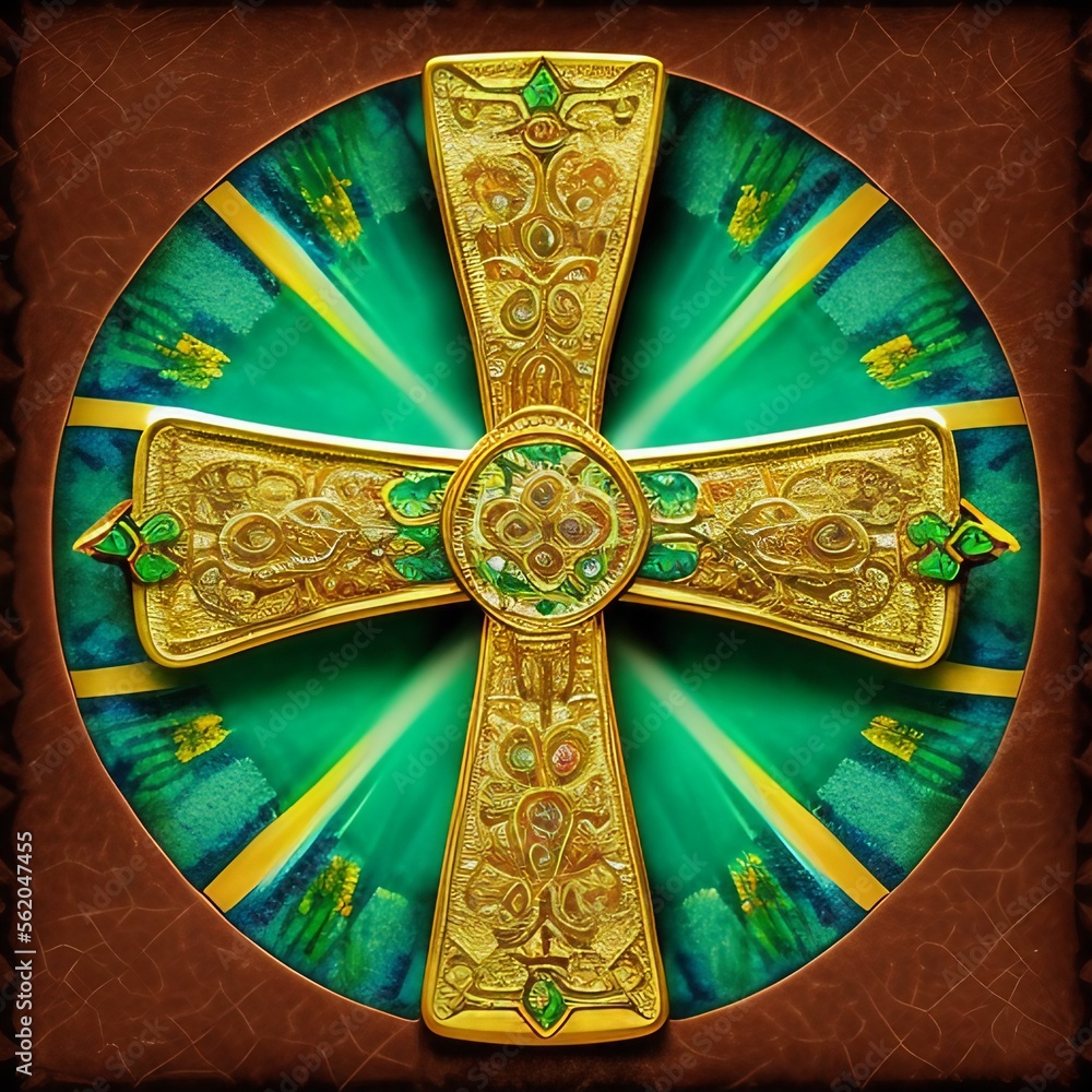 Croix stylisée composée d'émeraudes et d'or enchâssée dans un cercle de ...