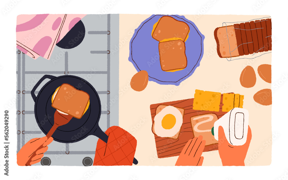 Breakfast cook process, top view. Couple hands cooking lunch, morning ... Breakfast cook process, top view. Couple hands cooking lunch, morning ...