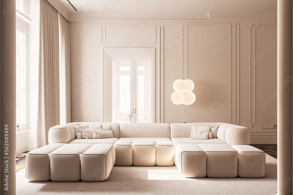 4K resolution or higher, puffer sofa sectional in a neutral living room ...