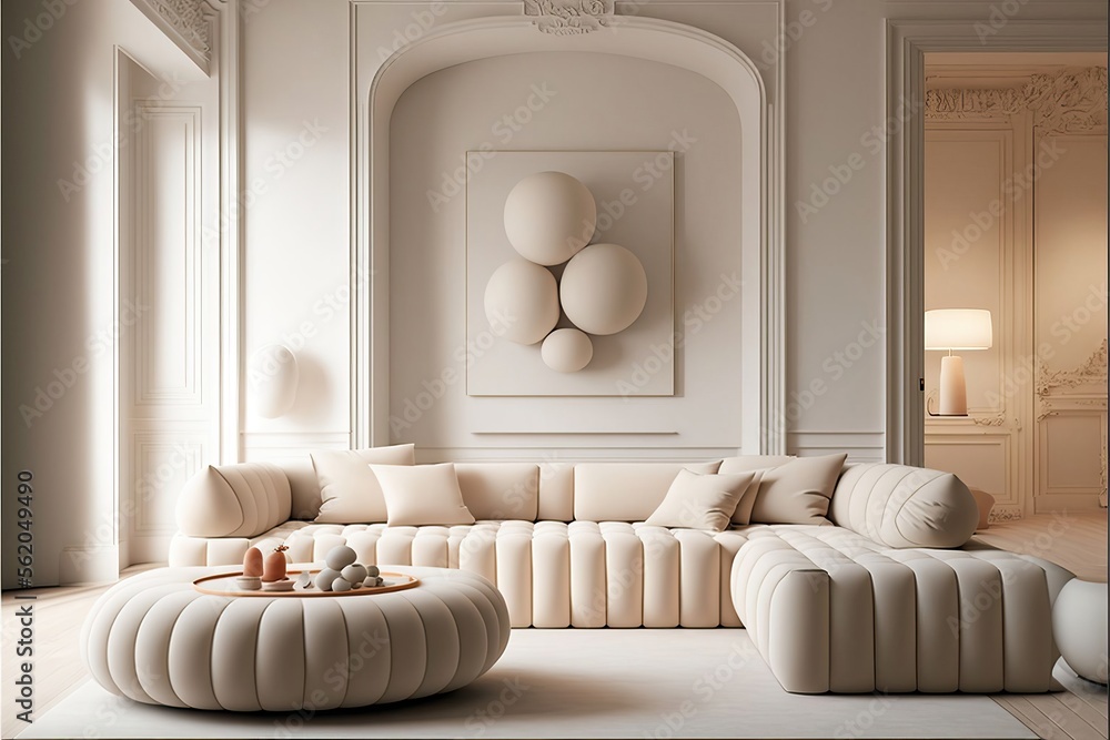 4K resolution or higher, puffer sofa sectional in a neutral living room ...