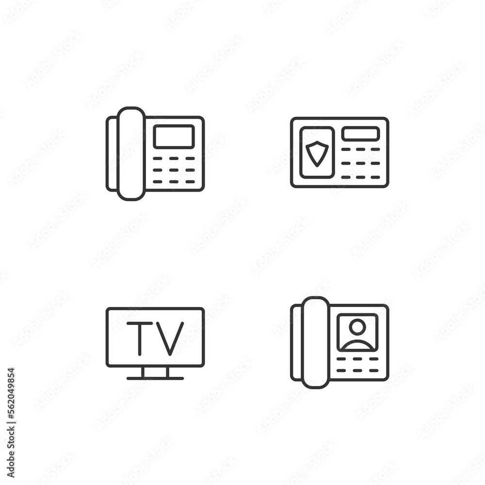 Home appliances pixel perfect linear icons set. Security system. TV ...
