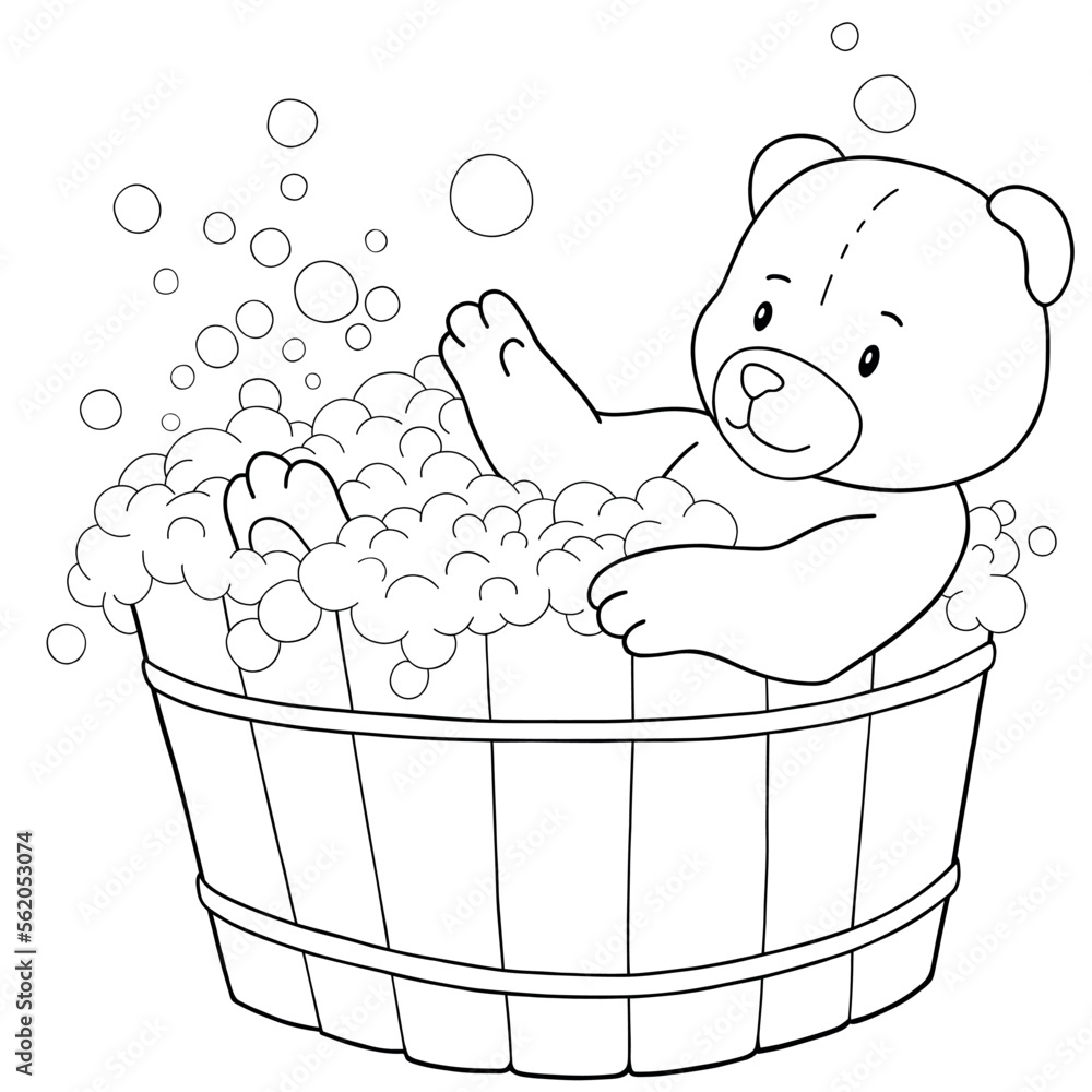 Hand-drawn coloring page with teddy bear in bath. Black and white ...