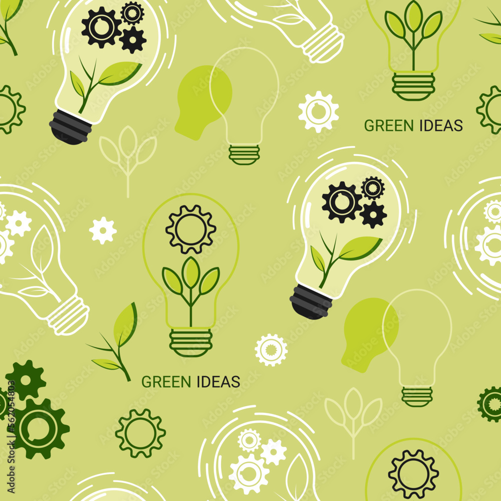 Seamless pattern with Green Light Bulb Icons. A leaf sprout symbol. ESG ...
