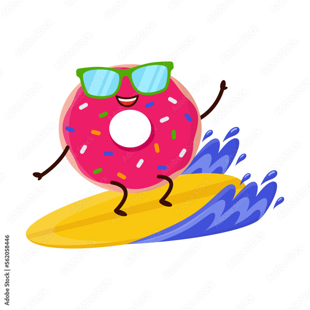 Cute donut glazed with raspberry icing food character on surfboard ...
