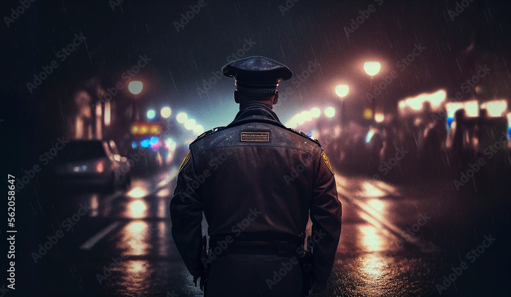 Police officer back view walking in night city. Generative AI ...