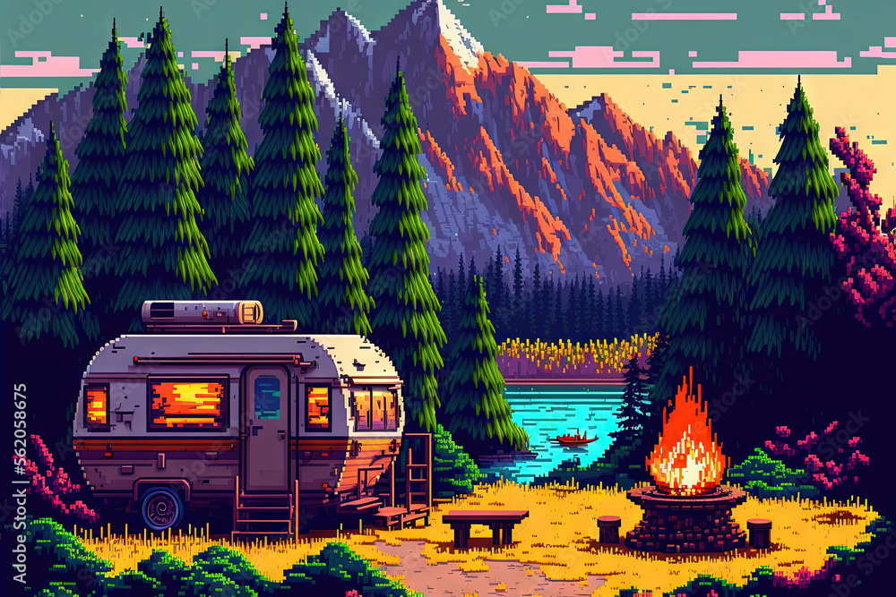 landscape illustration in 8 bit style with tent, campfire, mountains ...