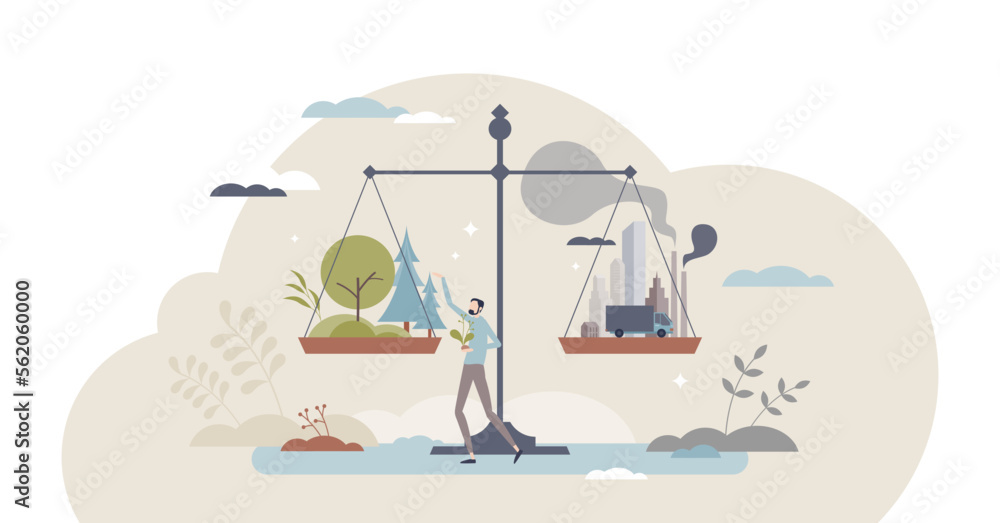 Net zero emissions and carbon dioxide CO2 neutral balance tiny person ...