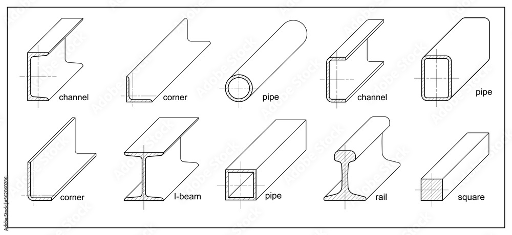 Metal profiles isometric view. Steel rolled products. I-beam, pipe, rail, girder, construction ...
