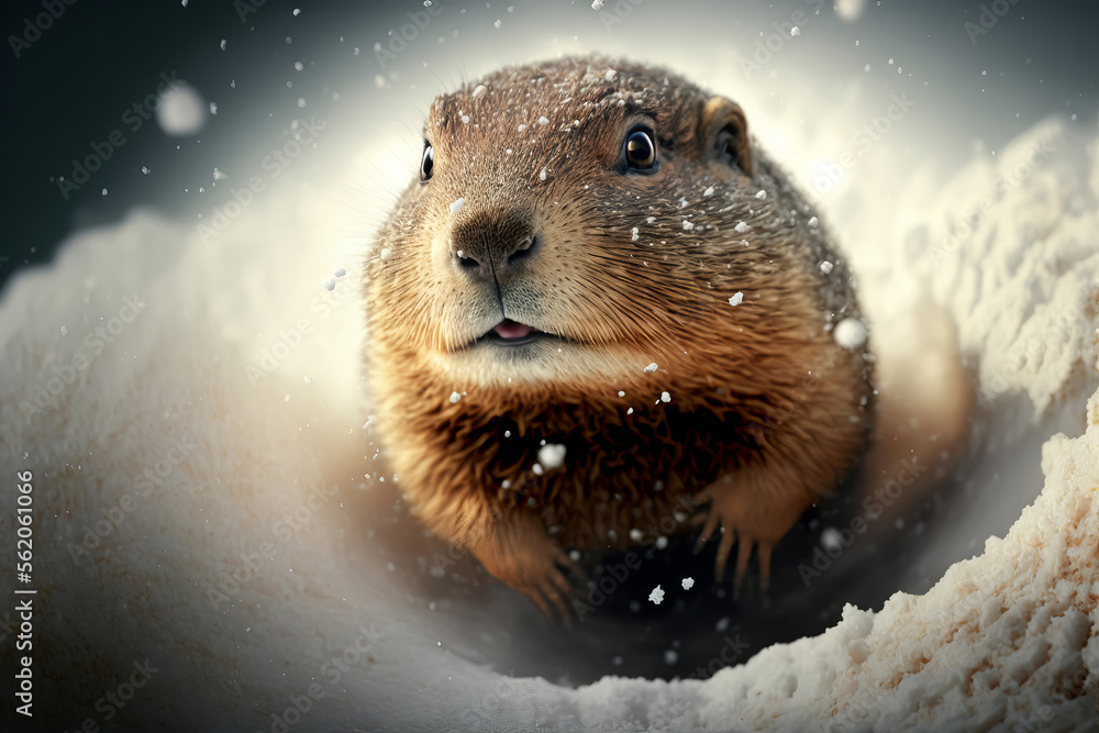Happy Groundhog Day. Groundhog emerges from a snowy hole after ...