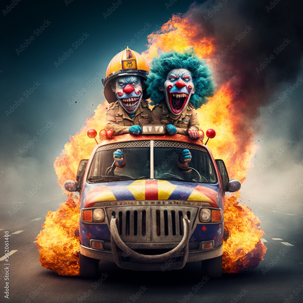 two creepy killer clowns on a burning car Stock Illustration | Adobe Stock