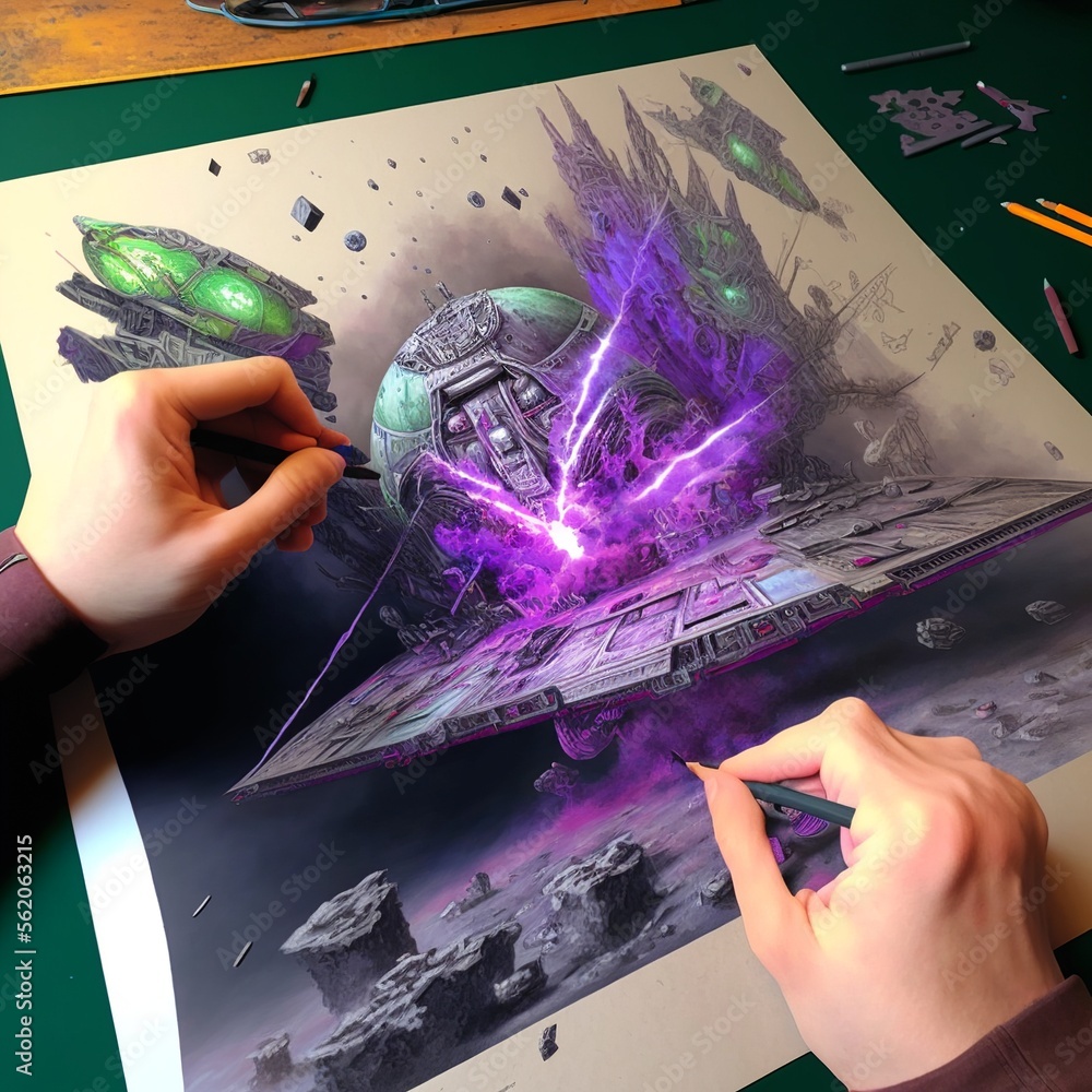 Artist drawing a gigantic space dreadnought in an epic space battle in ...