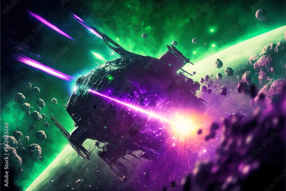 Gigantic space dreadnought getting hit by purple laser in an epic space ...
