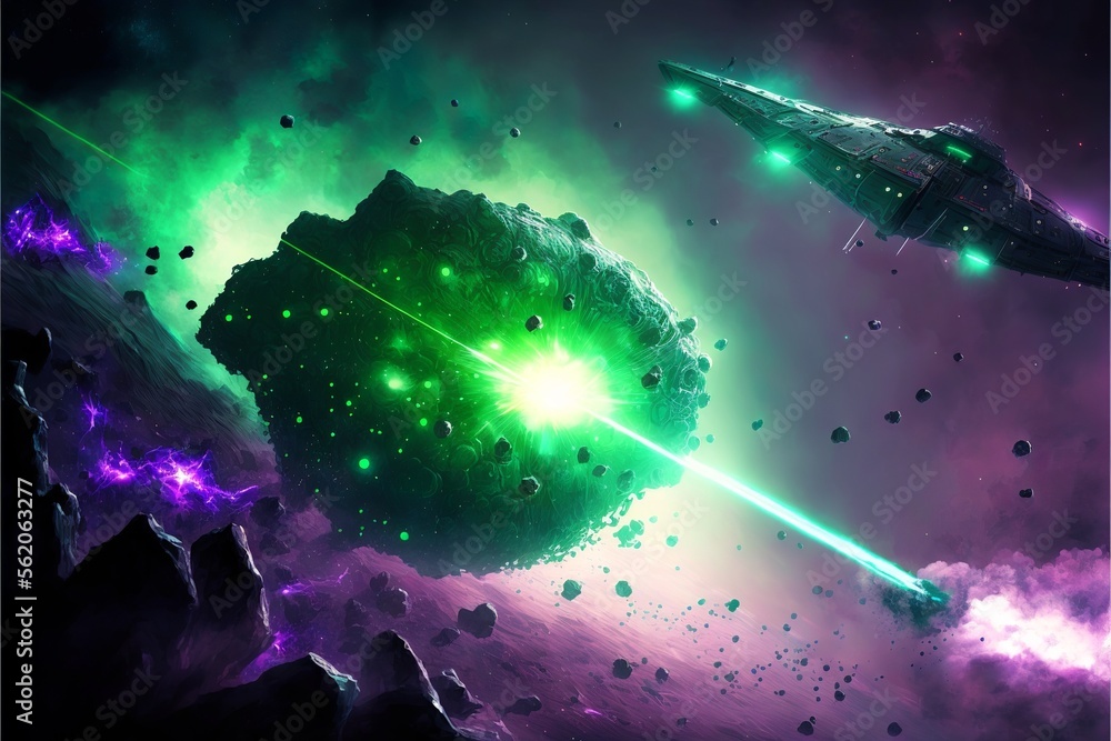 Gigantic space dreadnought shooting through a comet with green laser in ...