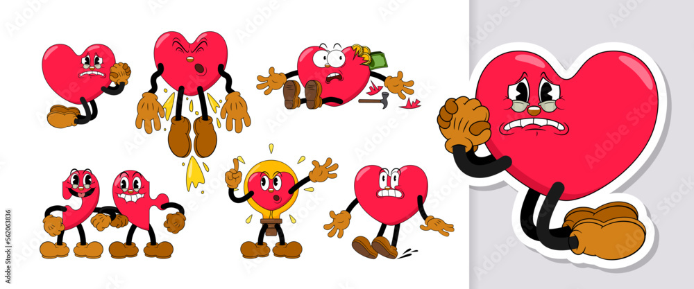 Set of comic red hearts characters in retro cartoon style on valentine ...
