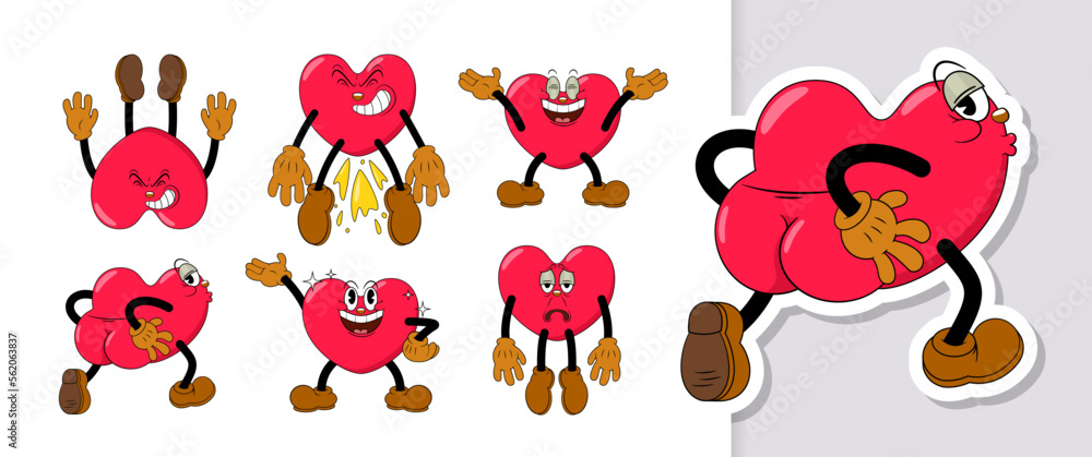 Set of comic red hearts characters in retro cartoon style on valentine ...