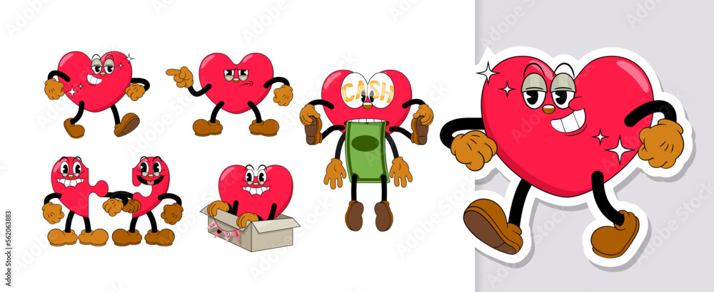 Set of comic red hearts characters in retro cartoon style on valentine ...