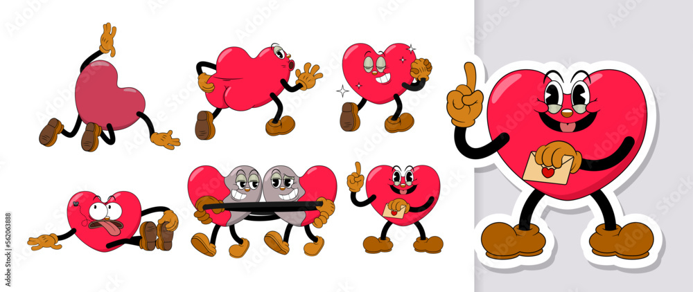 Set of comic red hearts characters in retro cartoon style on valentine ...