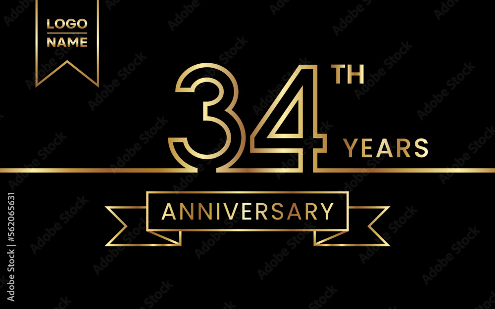 34th Anniversary template design with gold color text and ribbon for ...