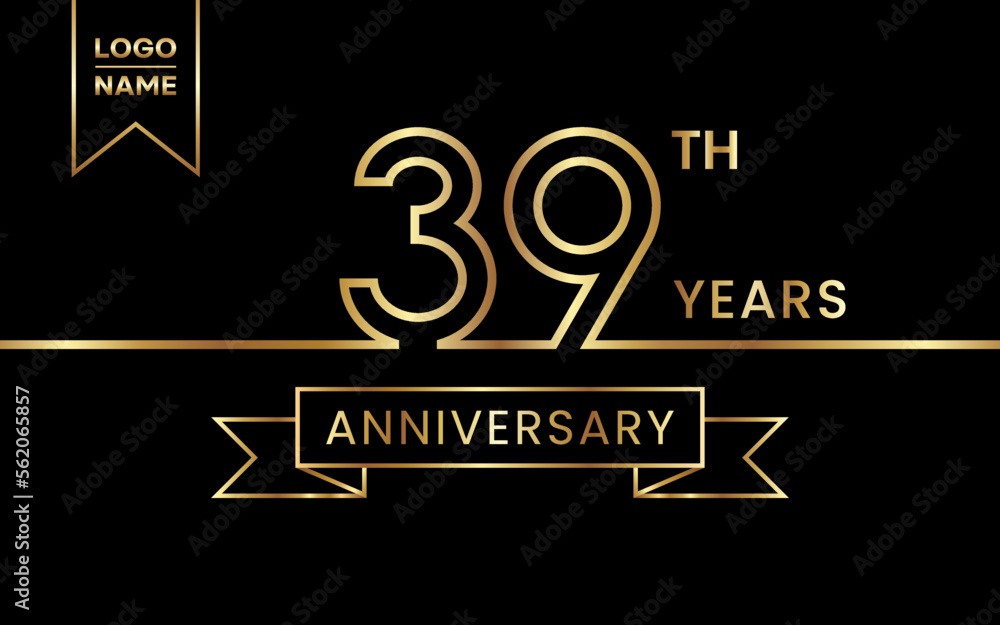 39th Anniversary template design with gold color text and ribbon for ...