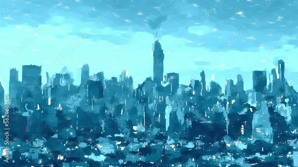New York City iconic skyline and skyscrapers. Digital art painting ...