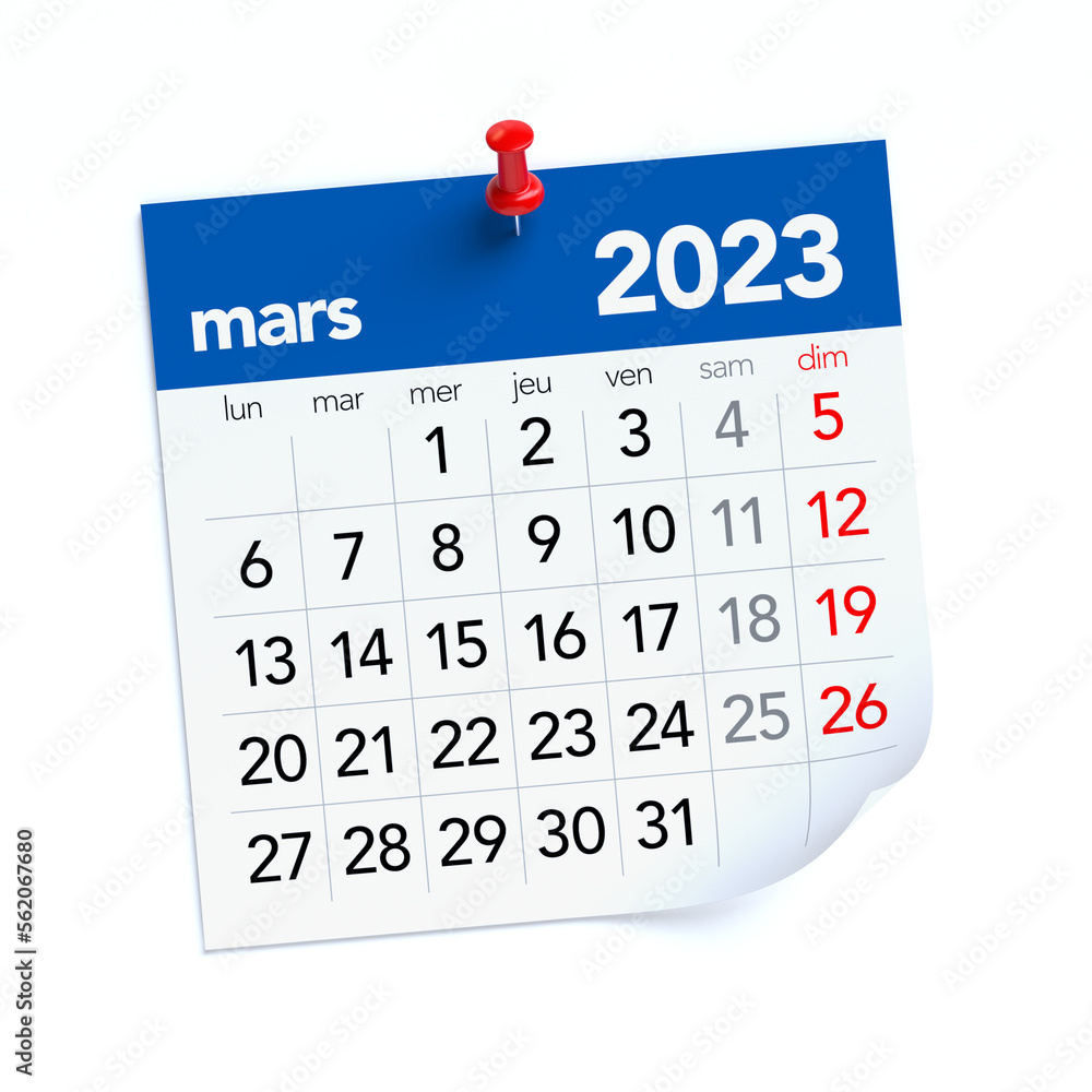 March Calendar 2023 in French Language. Isolated on White Background ...